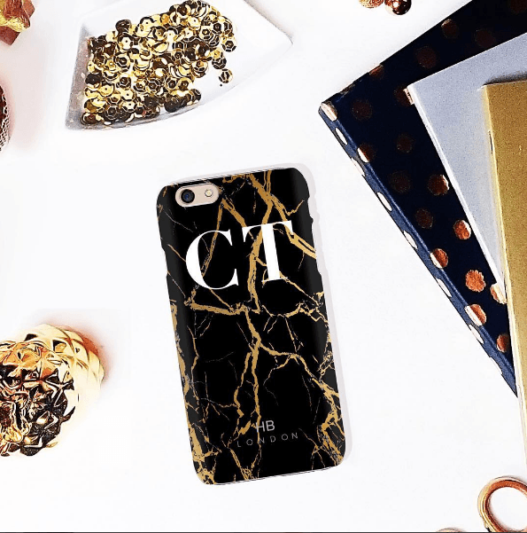 Personalised Black and Gold Marble Initial iPhone Case - HB LONDON